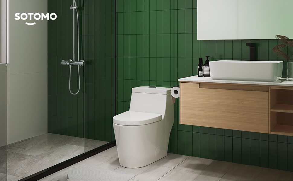 SOTOMO Elongated One Piece Toilet with Soft Closing Seat, 12'' Rough-In Modern Toilet for ...