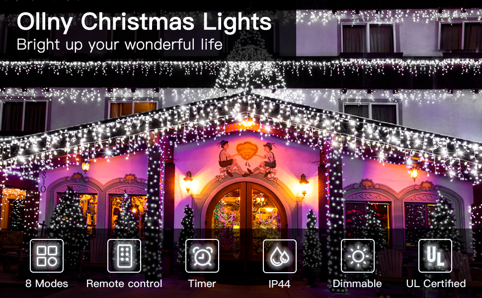 Ollny Icicle Christmas Lights Outdoor 396LED 32FT - Timer 8Modes ...