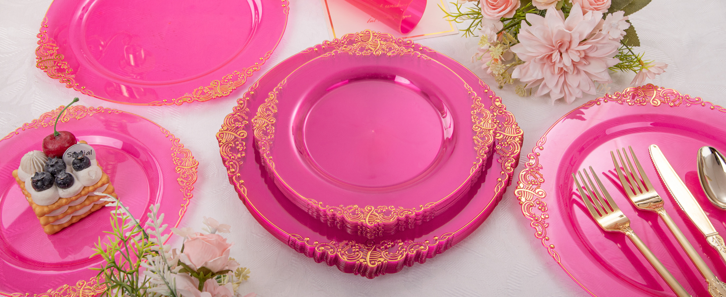 Amazon.com: Joyido 102PCS Clear Hot Pink Plastic Plates - Pink ...