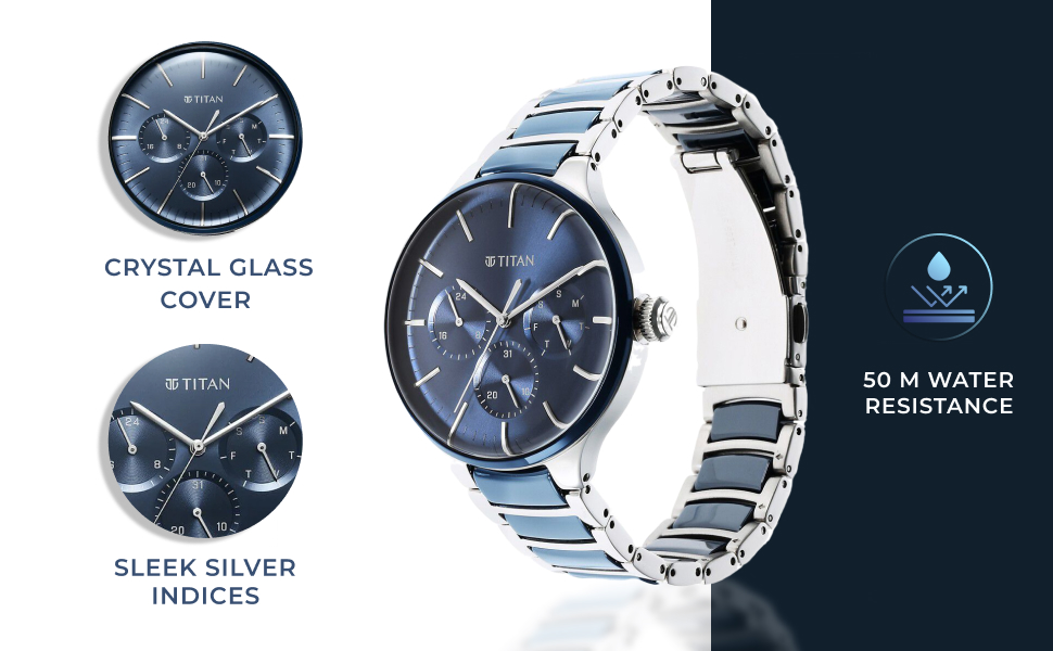 Titan Ceramic Fusion Quartz Multifunction Black Dial Two Toned Silver and Black Stainless Steel ...