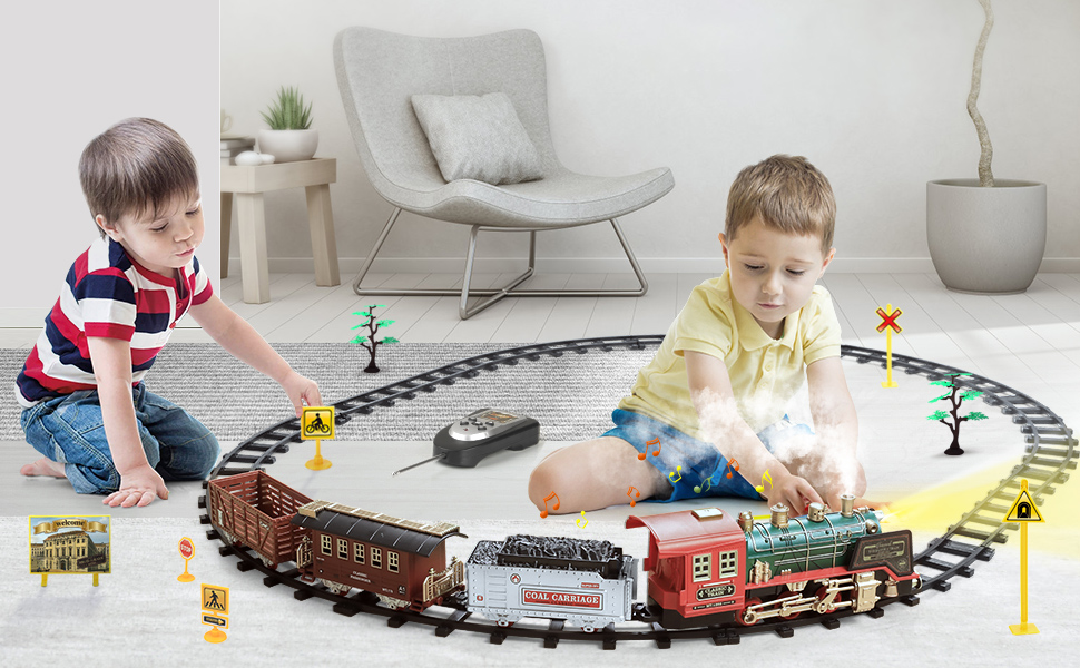 FRUSE Remote Control Train Set,Electric R/C Train Toy for Kids w/Smokes,Lights & Sound,Railway ...