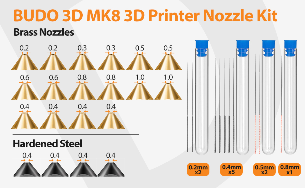20 boquillas de impresión 3D, boquillas extrusoras MK8 de acero endurecido y latón 0.2, 0.3, 0.4 ...