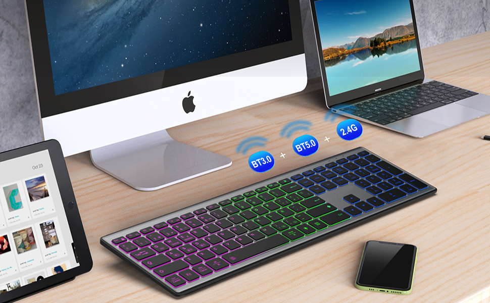 Amazon.com: HXMJ-Full Size Wireless Bluetooth Keyboard Rechargeable,Multi-Device (BT5.0+BT3.0+2 ...