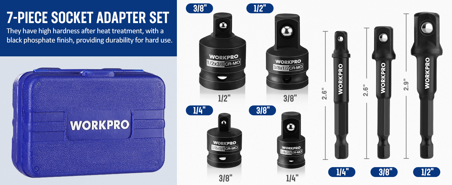 WORKPRO 7 Pieces Impact Socket Adapter Set, Includes 3 Pieces 1/4" Hex Shank Drill Extension Set ...