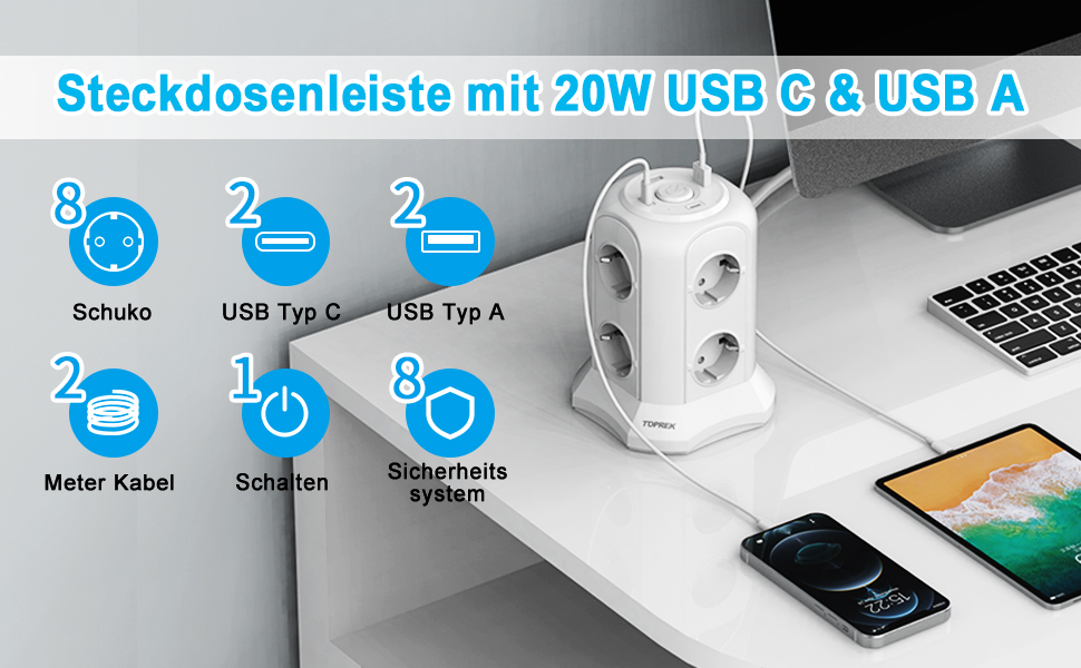 Steckdosenleiste mit USB C, TOPREK 8 Fach Mehrfachsteckdose Tower mit 2 USB A & 2 USB C, 4000W ...