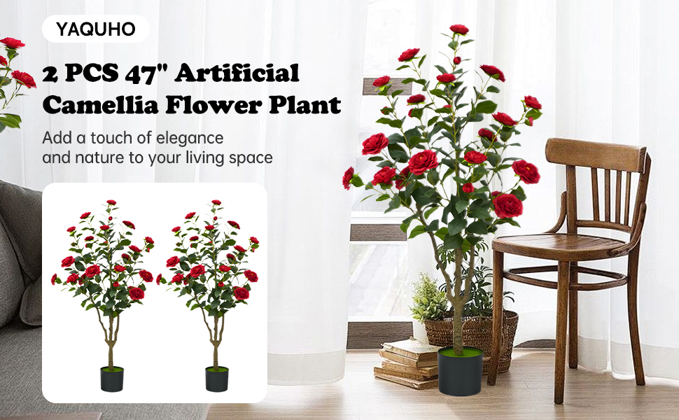 Amazon.com: YAQUHO 47'' Artificial Camellia Trees, 2 Pack Tall Faux Plants with Red Flowers Fake ...