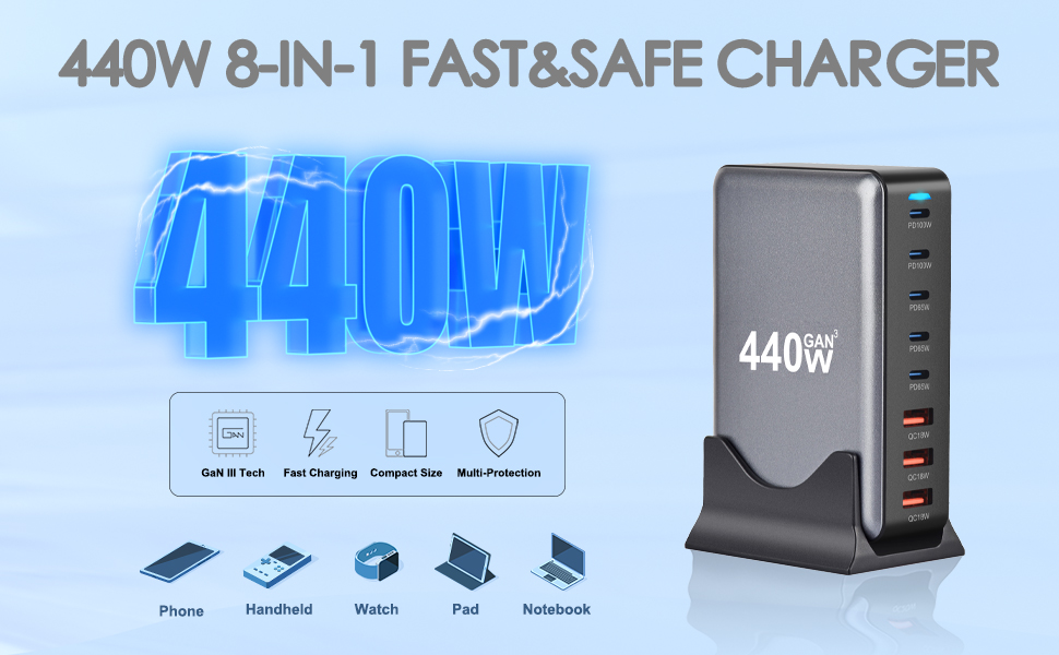 Amazon.com: 440W USB C Fast Charger Block, 8 Port Charging Station, GaN Ⅲ Multi Port Charging ...