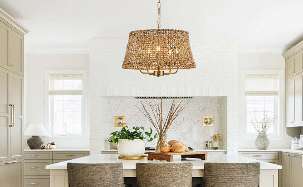 YOMECOO Hand-Woven Rattan Chandelier Vintage Farmhouse Boho Bamboo ...