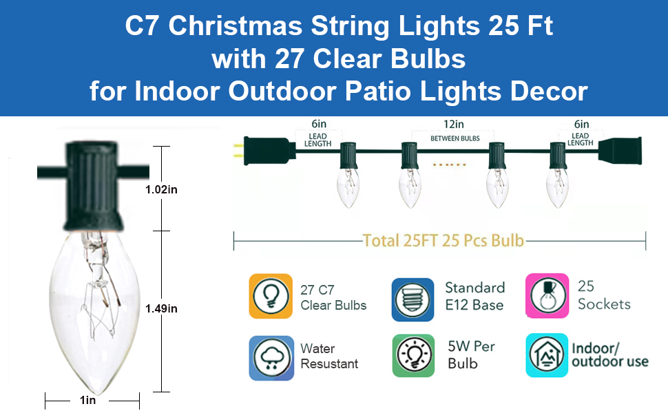 CHYParty C7 Christmas Lights 25FT Outdoor Vintage Incandescent String ...