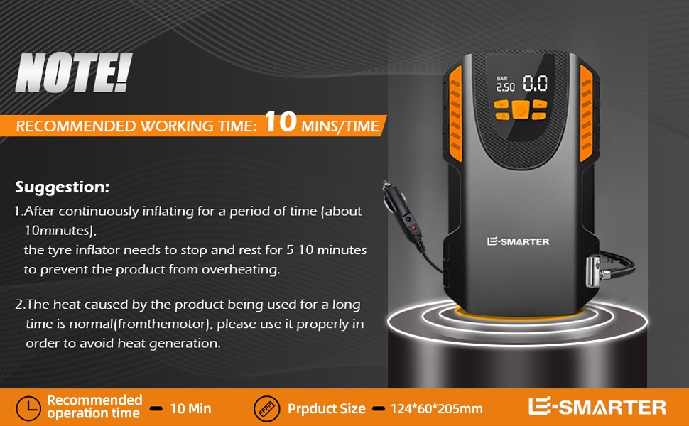 E-SMARTER Digital Tyre Inflator Air Compressor, 12V Fast Inflation Car Tyre Pump with 22mm ...