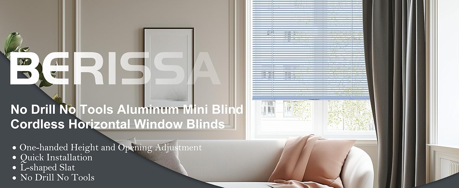 Amazon.com: BERISSA No Tools No Drill 1" Aluminum Mini Blinds,Cordless ...