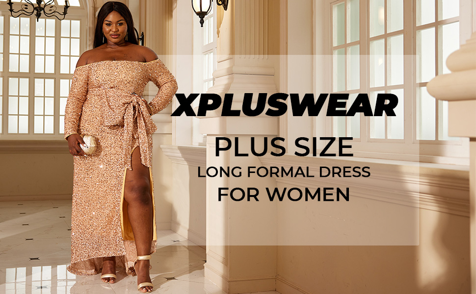 Amazon.com: XPLUSWEAR Plus Size Long Formal Dress for Women, Prom Sequin Off The Shoulder Bow ...