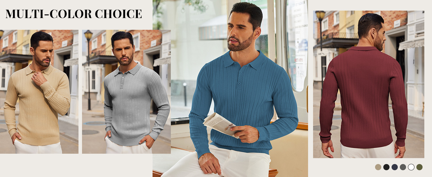 COOFANDY Mens Long Sleeve Polo Shirts Casual Knit Polo Sweaters Knitted Textured Collared Shirts ...