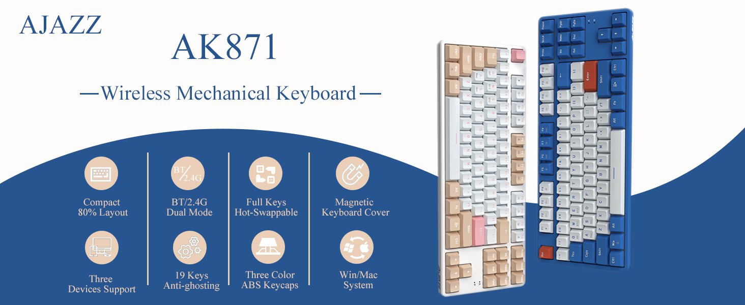 Amazon.com: A.JAZZ Wireless Mechanical Keyboard, 87 Keys TKL Hot Swappable Bluetooth Gaming ...