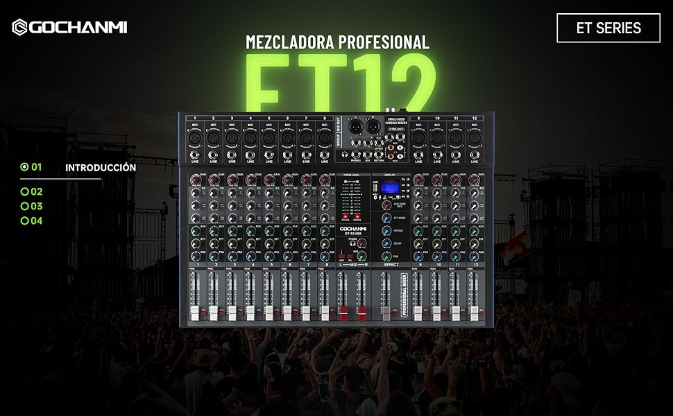 GOCHANMI ET12 Mezcladora de Audio Consola de Mezcla de Sonido Profesional 12 Canales USB ...