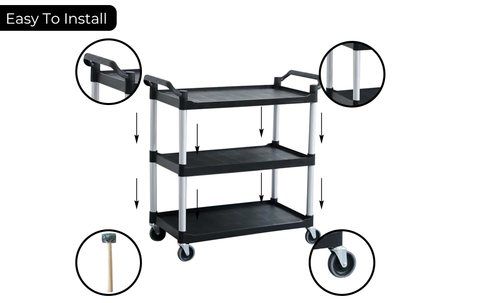 Ganggend Utility Cart with Wheels, 3 Tier Heavy Duty Rolling Service Cart with 440lbs Loading ...