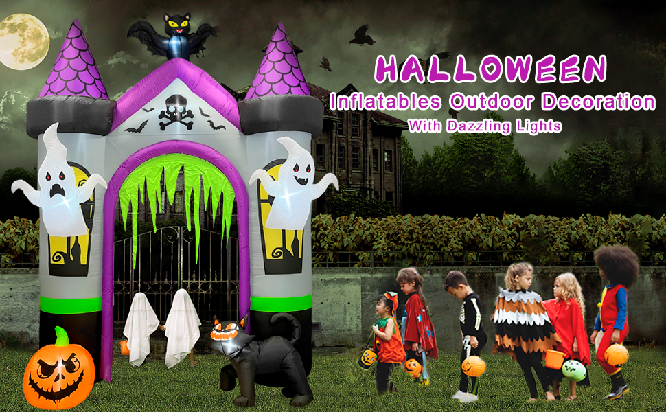 10FT Halloween Inflatable Archway Castle Blow Up Yard Outdoor Decorations with LED Lights ...