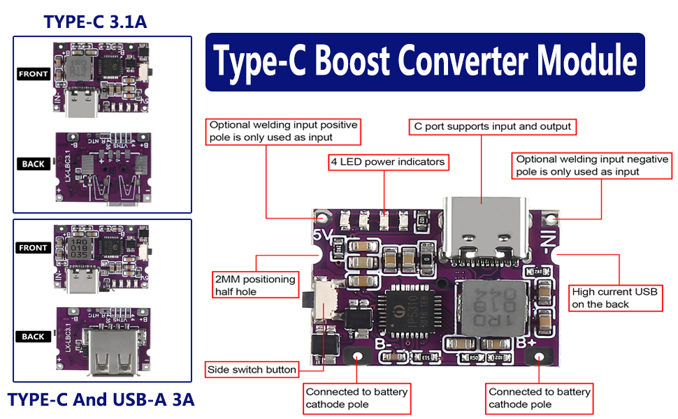 Amazon.com: ATNSINC Type-C 5V 3A Boost Converter Step-Up Power Module IP5310 Mobile Power Bank ...