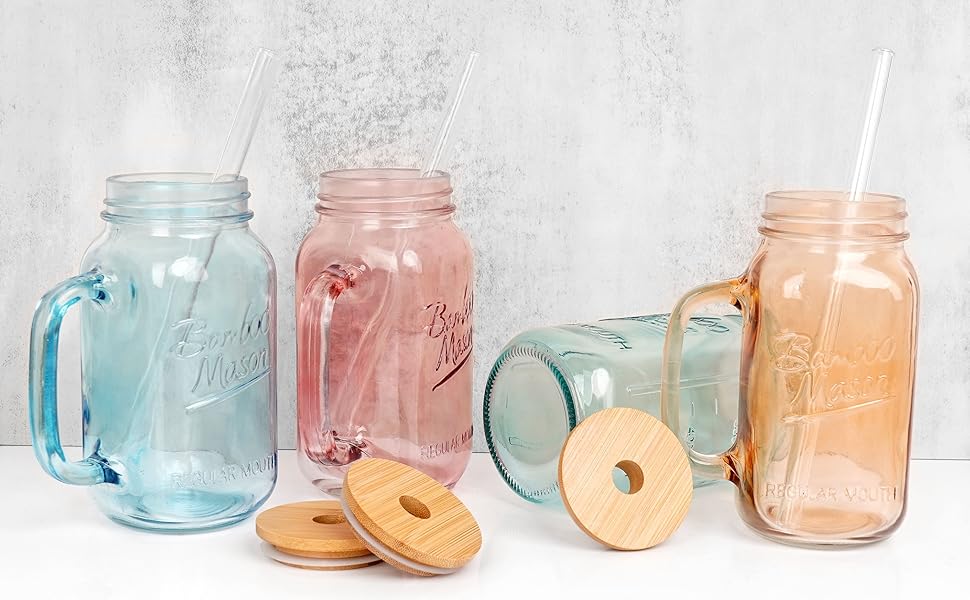 Amazon.com: ANOTION Mason Jar with Handle - Colorful Drinking Glasses Colored Glass Cups with ...