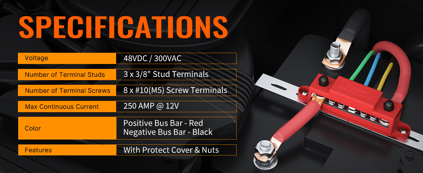 Joinfworld 12V 250A Power Distribution Block with 3 x 3/8" Stud Marine ...