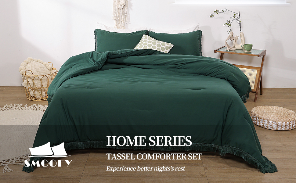 Smoofy 3pcs Fringe Emerald Green Tassel Comforter Set King