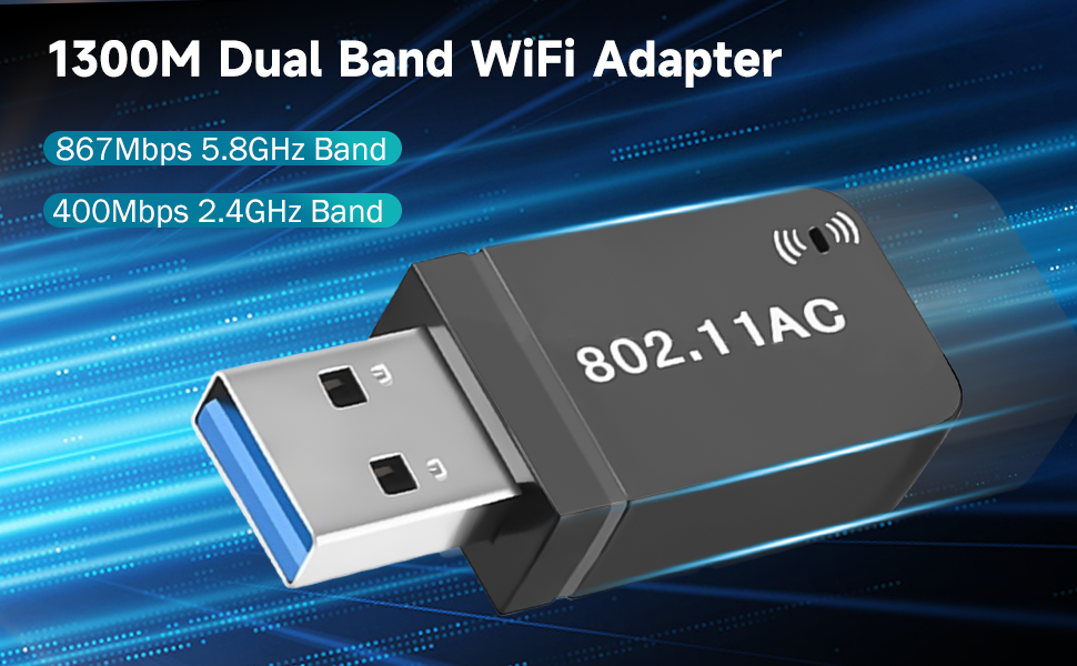 USB WiFi Adapter, 1300Mbps WiFi Dongle, Dual Band USB Wireless Adapter (up to 867Mbps 5.8GHz ...