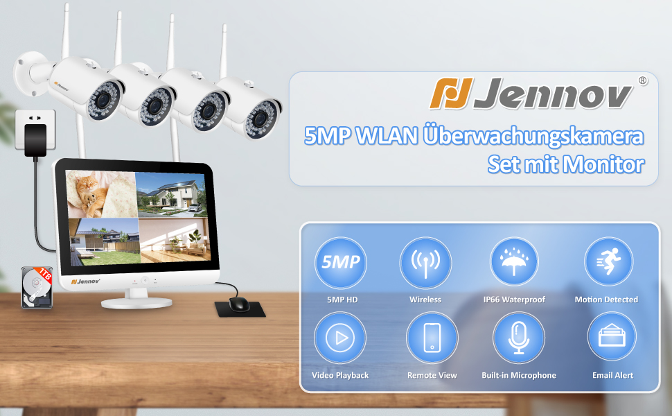 Jennov 5MP Überwachungskamera Set Aussen WLAN Aussen Akku Überwachungskamera Set mit 12-Zoll ...