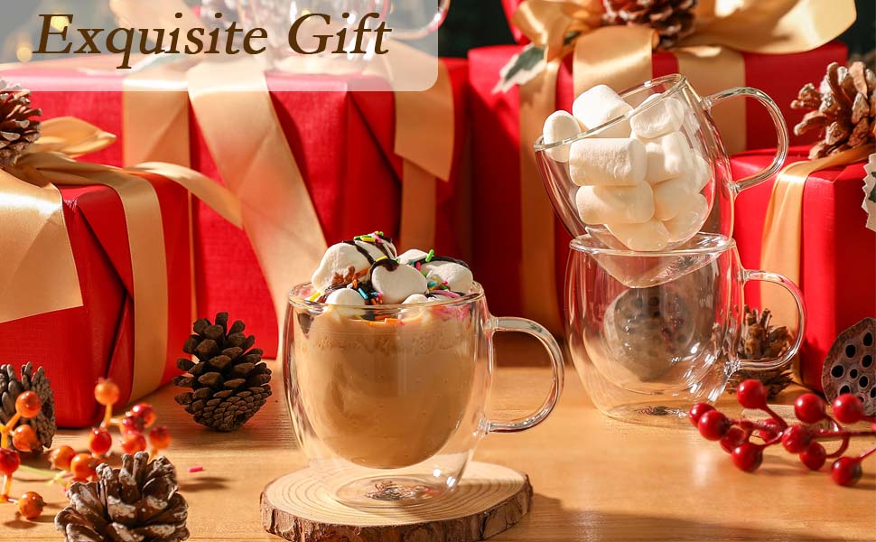 Double Wall Glass Coffee Mugs 350ml(Set of 4) 12 Ounces-Clear Glass ...