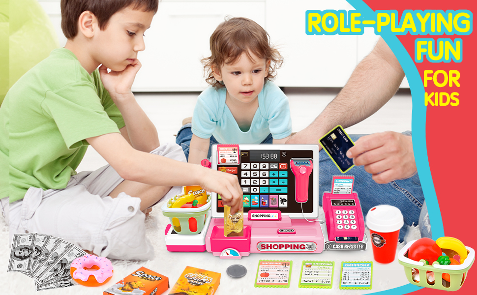 JoyGrow Cash Register Toys for Kids Pretend Play Store Supermarket Cash Register with Real ...