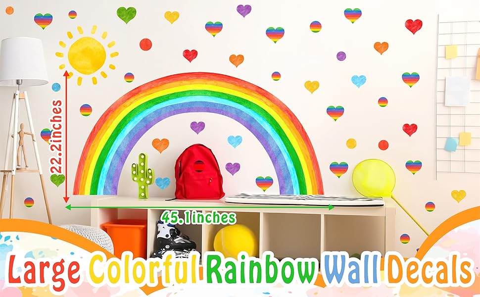 Amazon.com: Large Colorful Rainbow Wall Decals Watercolor Sun Wall Decal Peel and Stick Heart ...