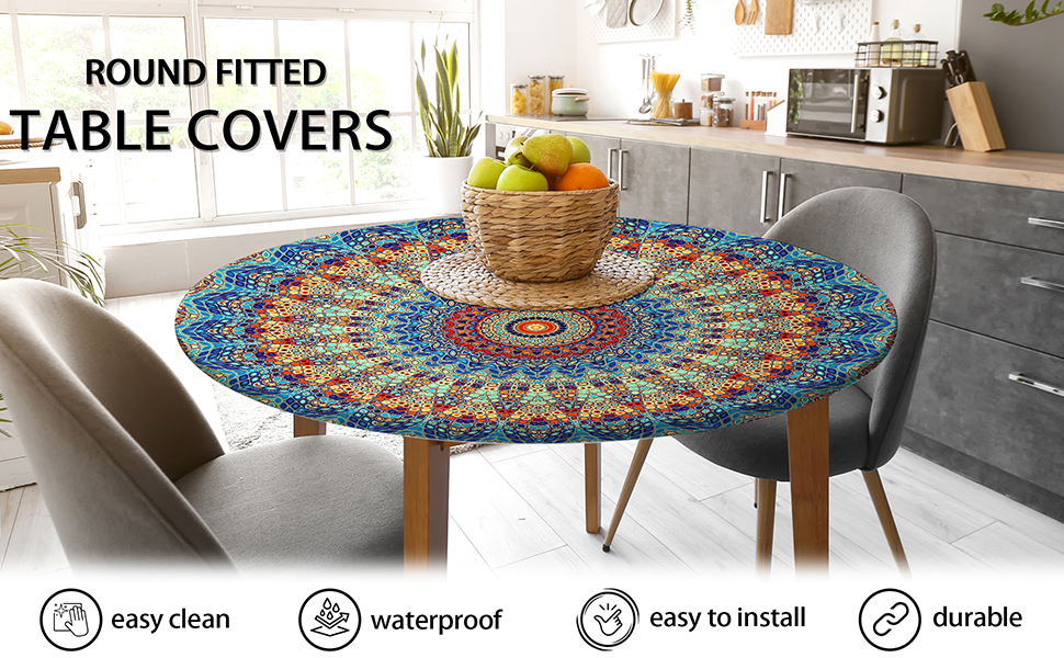 Amazon.com: Round Fitted Tablecloth with Elastic Round Outdoor ...