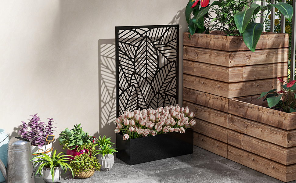 Amazon.com: Outsunny Outdoor Privacy Screen with Planter Box, Metal Privacy Panel, and Raised ...
