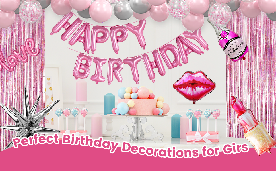 Pink Birthday Decorations for Girls Women, Happy Birthday Party Decorations Set Including Pink ...