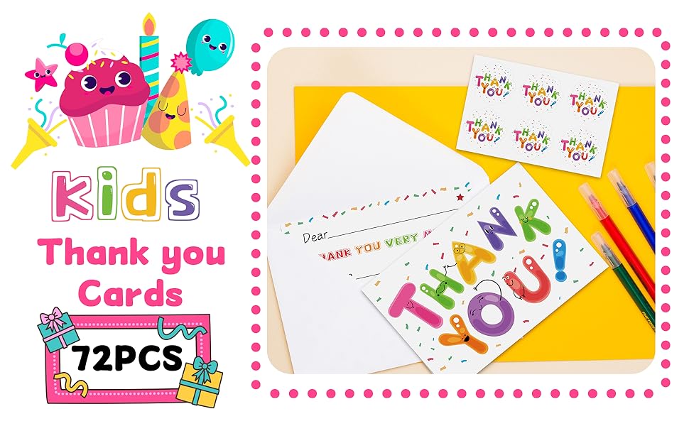 Amazon.com : 72 Pcs Kids Thank You Cards with Envelopes and Stickers ...