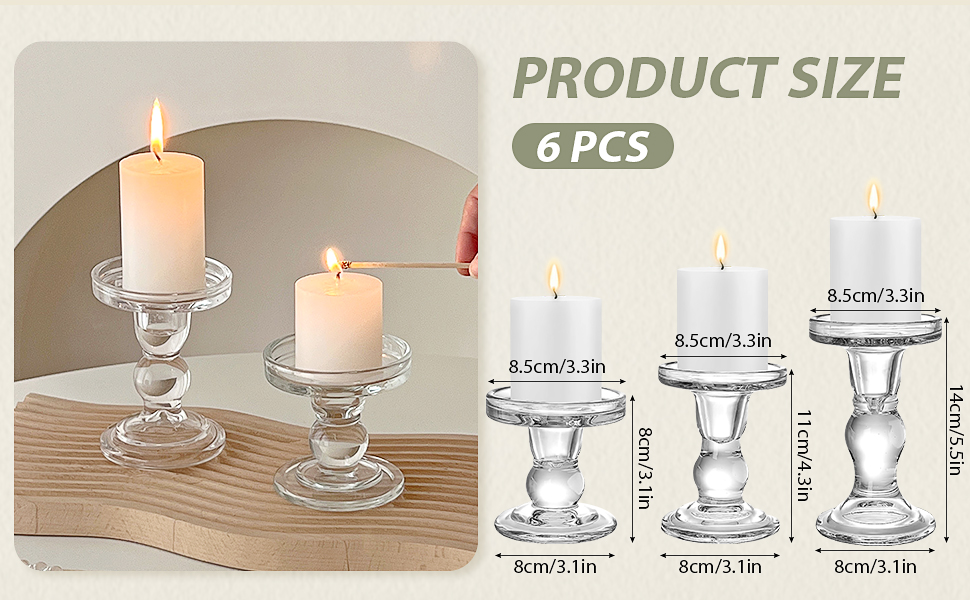 6 Piece Glass Candle Holders, Taper Glass Candlestick Holders Clear ...