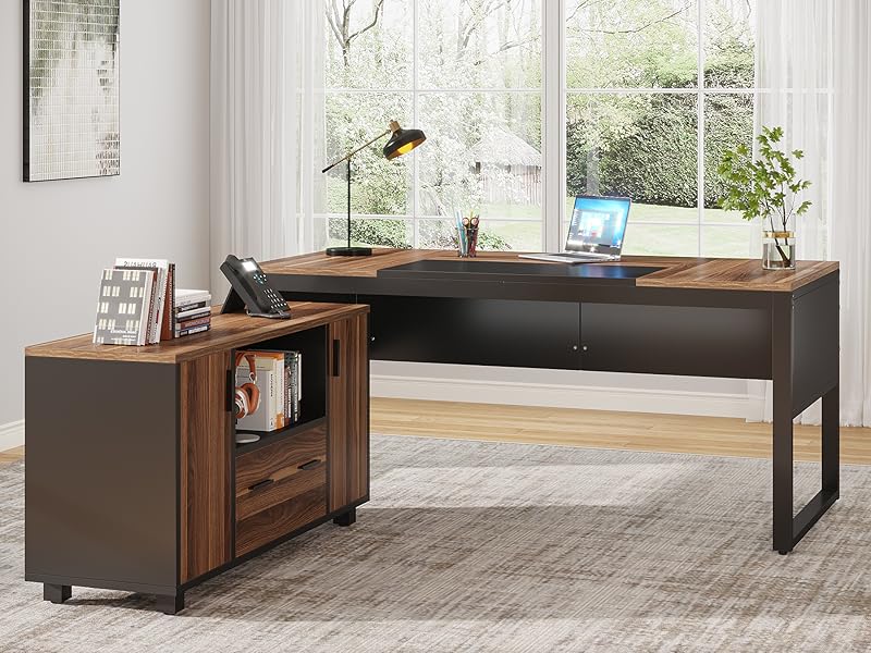 Amazon.com: Tribesigns 63" Executive Desk with 47" Lateral File Cabinet, L-Shaped Office Desk ...