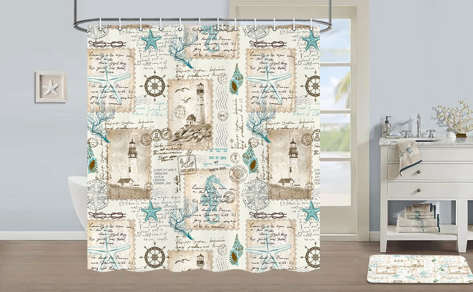 Amazon.com: Nautical Coastal Shower Curtain, Ocean Lighthouse Beach Themed Shower Curtains ...