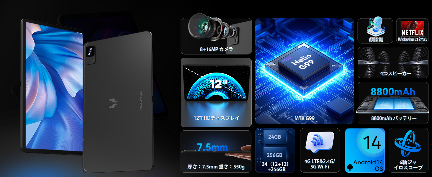 Amazon.co.jp: Headwolf HPad6 Pro 12インチタブレット、Android 14、G99 CPU、24GB+256GB、2K IPSディスプレイ、8MP/16MP ...