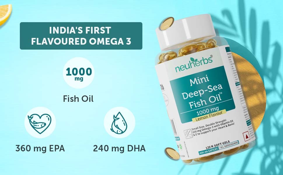 Neuherbs Mini Deep Sea Omega 3 Fish Oil 1000 mg With Lemon Flavour- 2X Omega 3, 360mg EPA ...