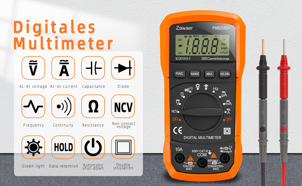 Zawaer Digital Multimeter, Auto-Rang Strommessgerät, AC/DC-Ampere-Ohm-Spannungsprüfer ...