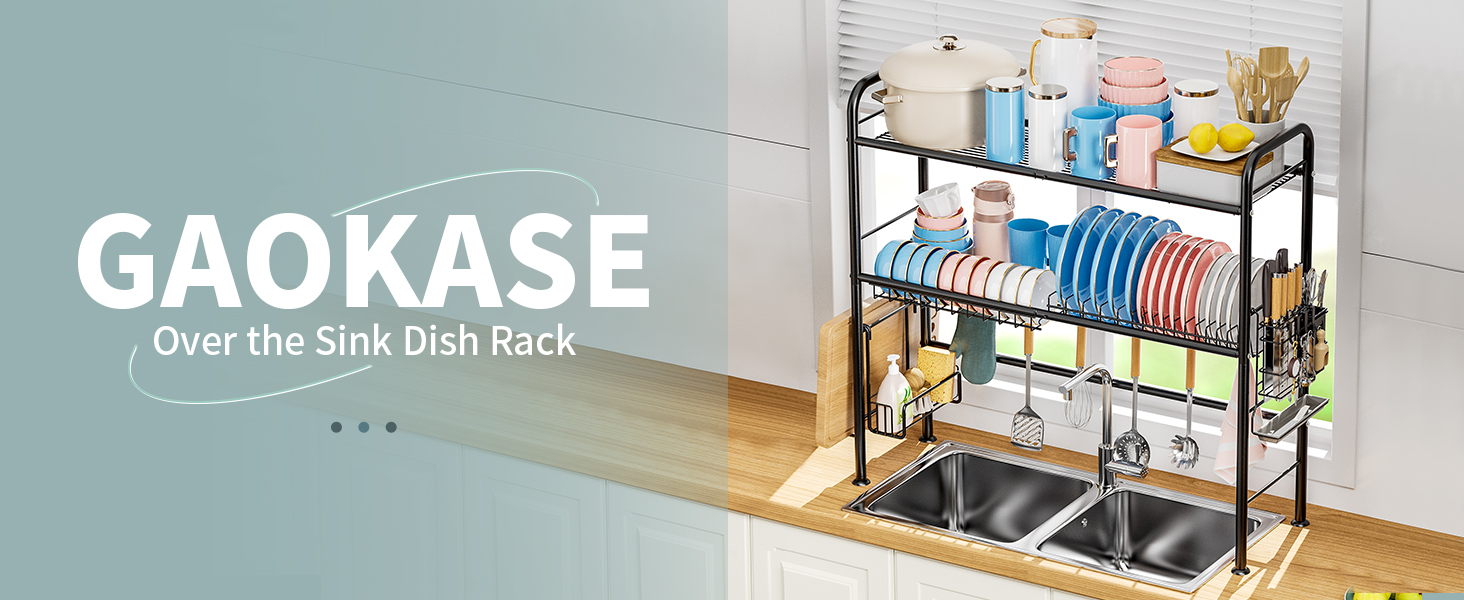 GAOKASE Over The Sink Dish Drying Rack, 2 Tier Large Over Sink Dish Rack with Utensil Holder ...