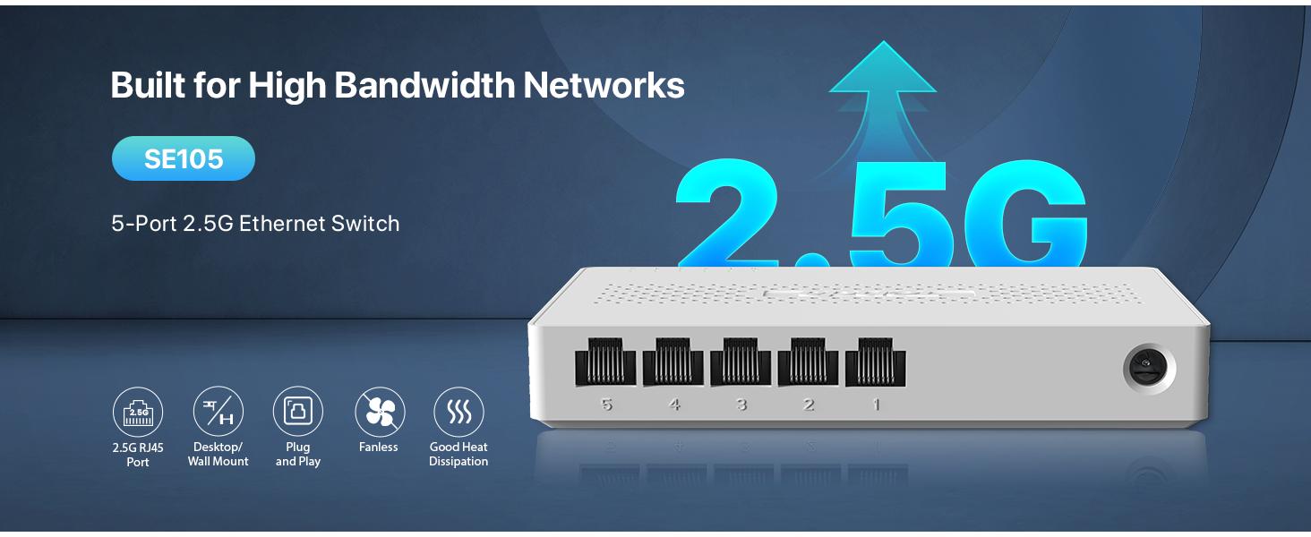 Amazon.com: Tenda SE105 5 Port 2.5G Unmanaged Ethernet Switch, 5 X 2.5G Base-T Ports, 25Gbps ...