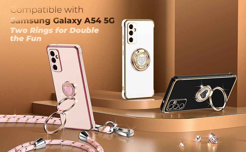 XYZ für Samsung Galaxy A54 5G Hülle mit Band, Herz Doppelring Ständer HandyHülle Handykette ...
