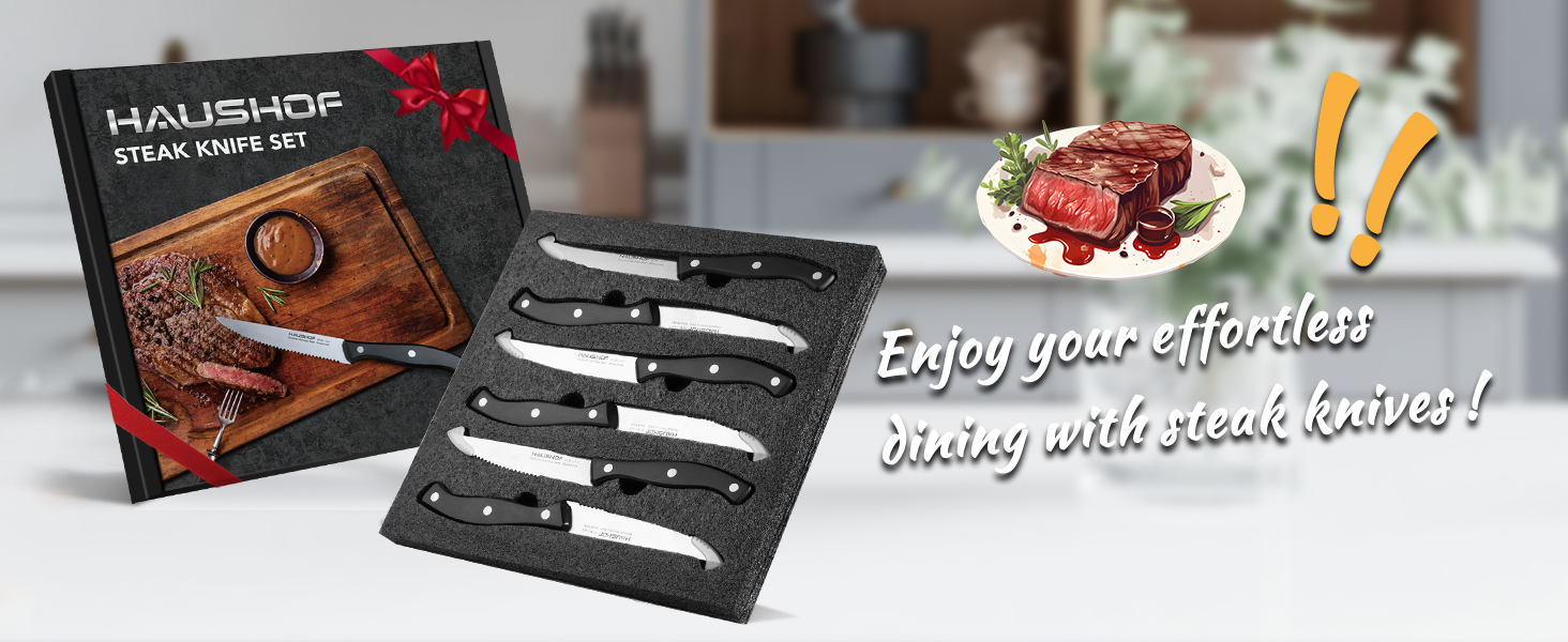 Amazon.com: HAUSHOF Steak Knives Set of 6, Premium Stainless Steel Serrated Steak Knife Set with ...