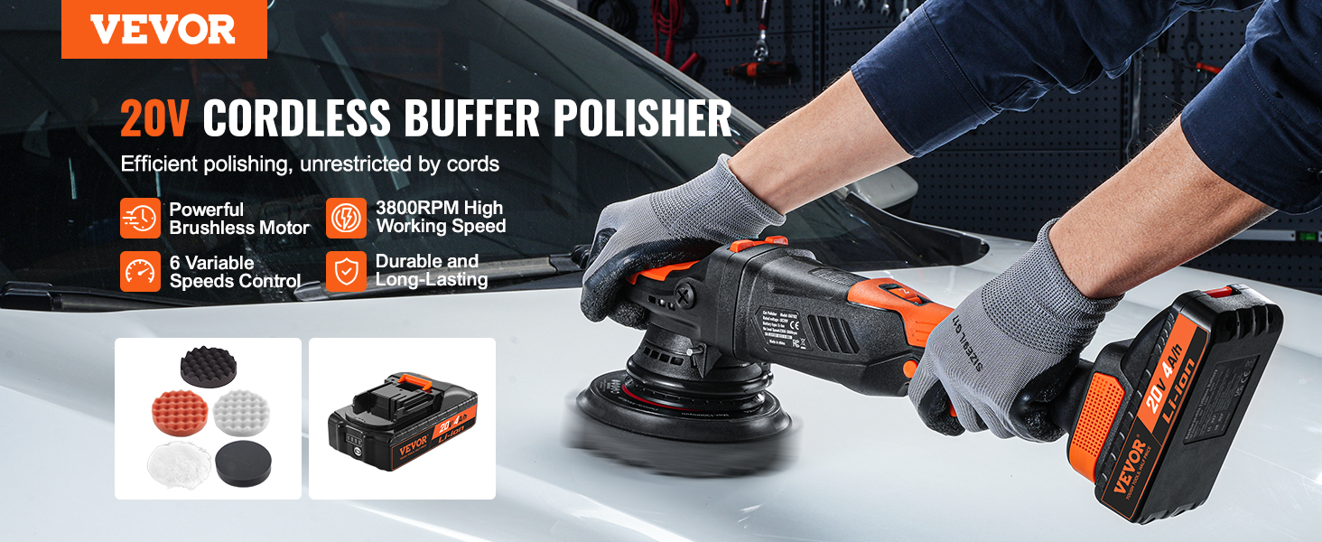 Amazon.com: VEVOR 20V Cordless Buffer Polisher, 6-Inch Brushless Dual Action Polisher with 1PCS ...