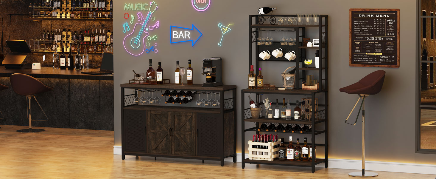 Amazon.com: Aubtik Industrial Coffee Bar Cabinet, Bar Stand for Liquor ...