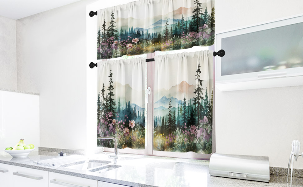 Amazon.com: Tayney Floral Kitchen Curtains Watercolor Window Valance and Tier Set 36 Inch ...