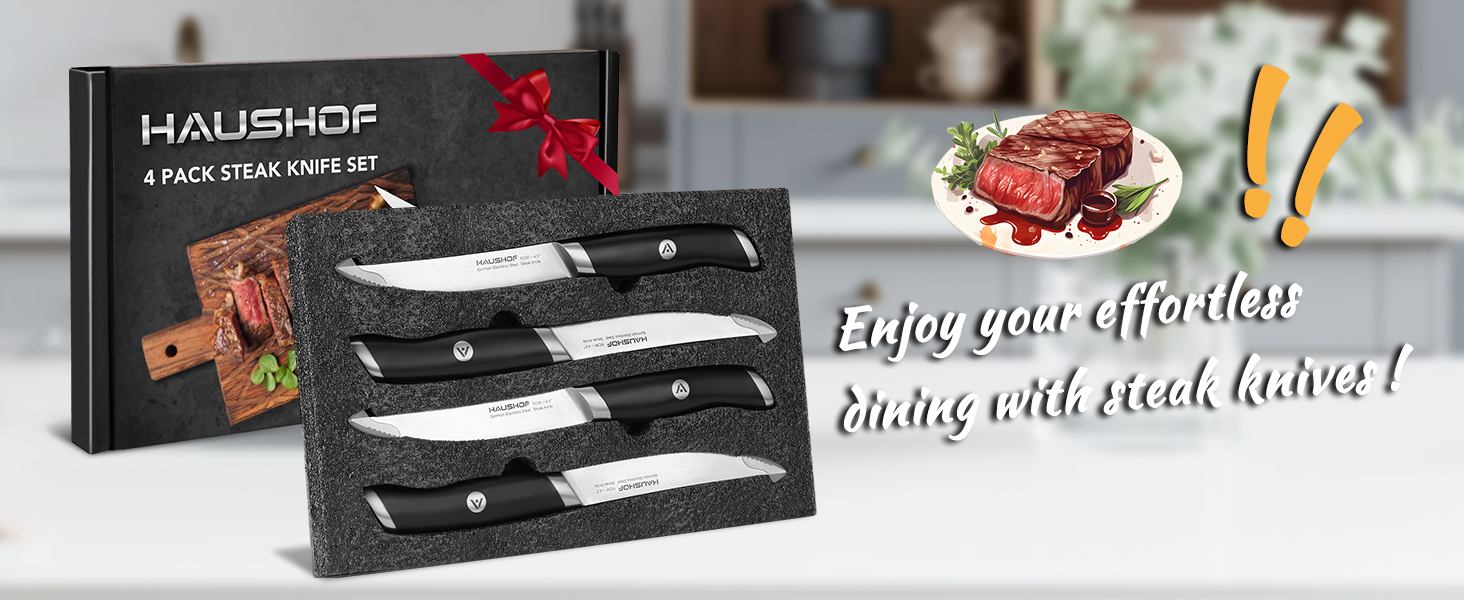 Amazon.com: HAUSHOF Steak Knives Set of 4, German Stainless Steel Premium Serrated Steak Knife ...