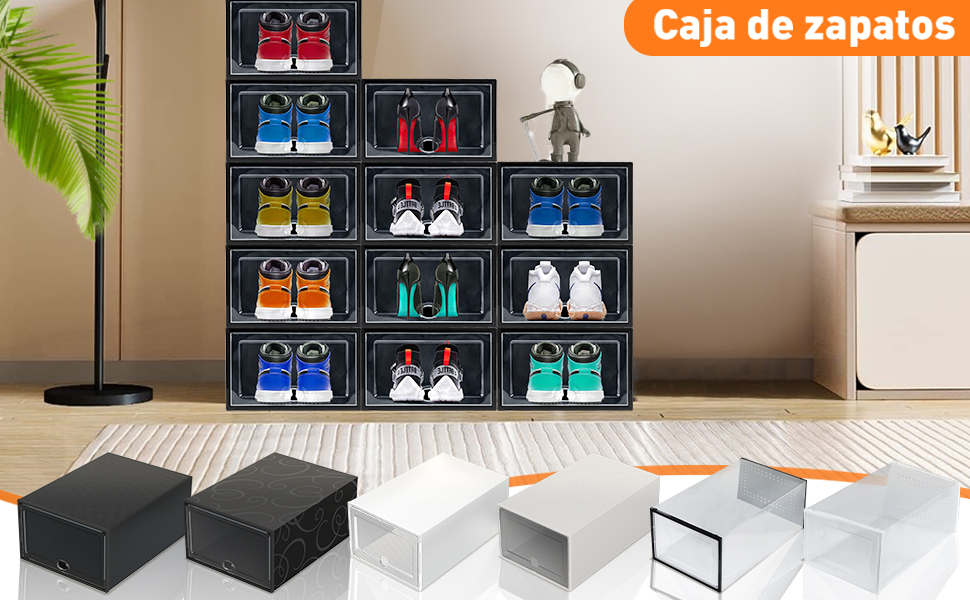Paquete de 12 Caja de Zapatos, Caja Zapatos Plástico Plegable y Apilable, Juego de Organizadores ...