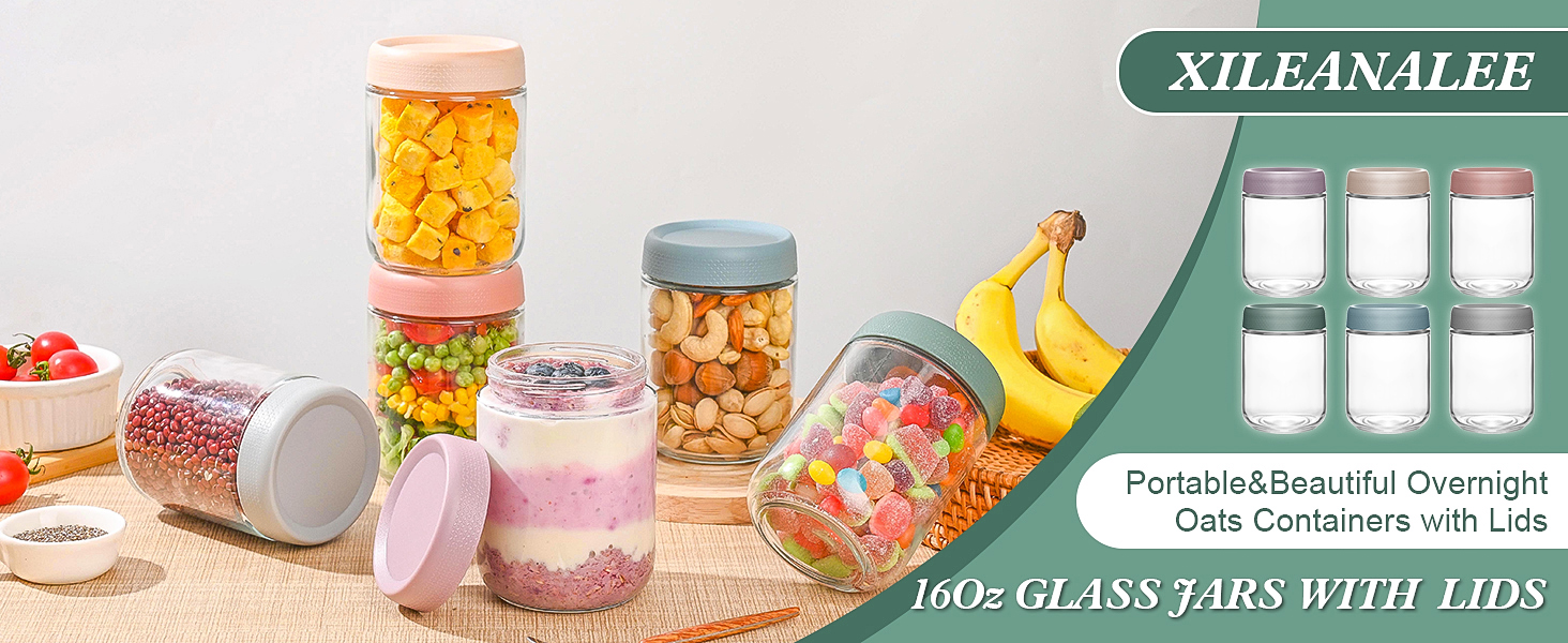 Amazon.com: Xileanalee Overnight Oats Containers with Lids 6 Pack-16 Oz Mason Jar with Lids ...